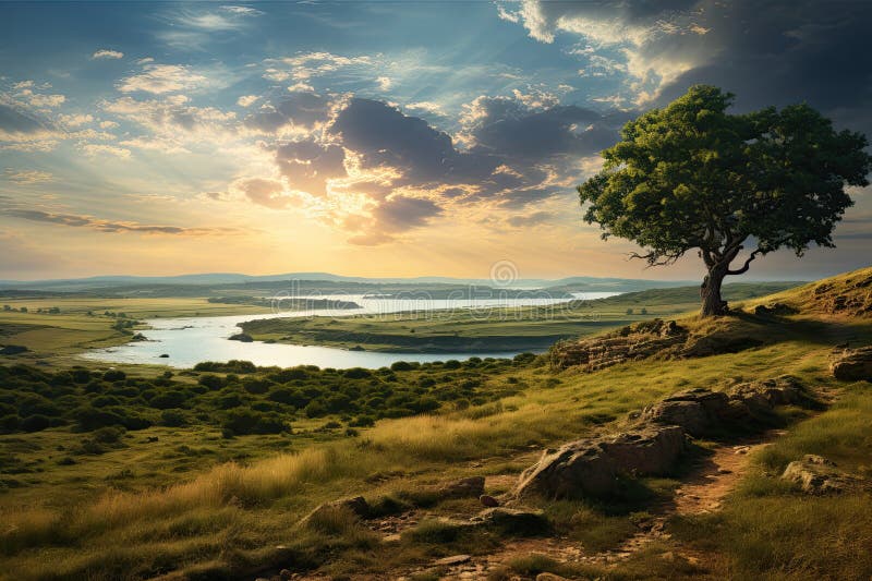 River in Uruguay. a Large Beautiful Tree on a Hill. Generative AI Art ...