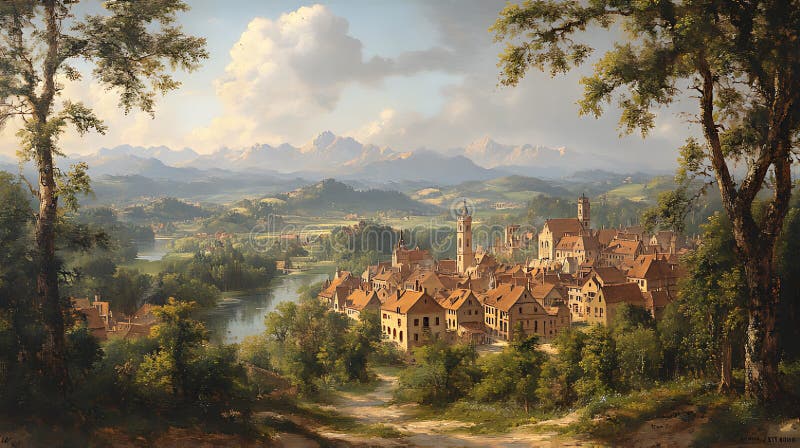 River Valley Town Landscape, Alpine Mountains Background, Scenic ...