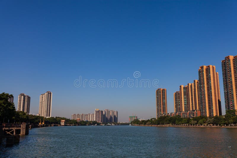 River View with Building on Both Sides Stock Image - Image of cityscape ...