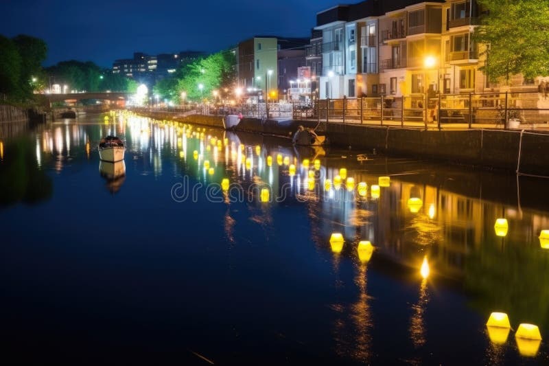 River View at Night with Multiple Bobbing Float Lights Stock ...