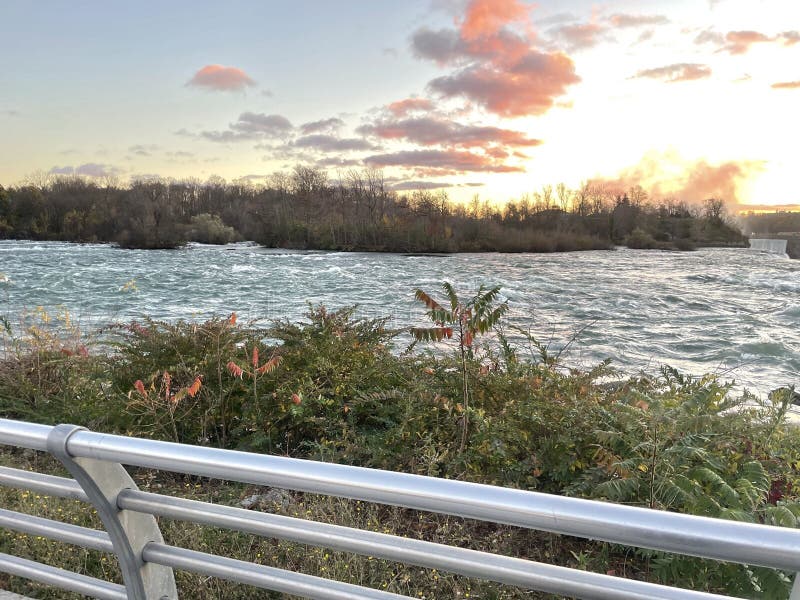 River View with Sunset Sky and Railing. Stock Image - Image of nature ...