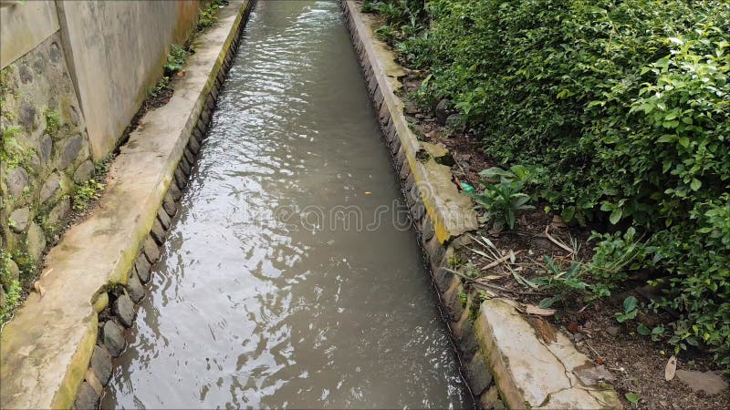 River Water Flow and Concrete Paths in the Village Stock Video - Video ...