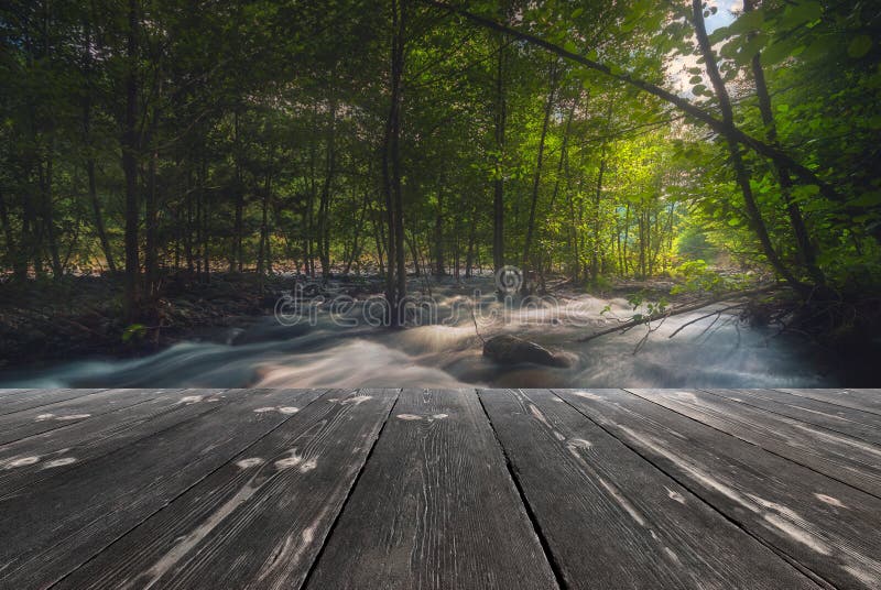 River Water Flow between Forest Trees with Empty Wooden Batten Bridge ...