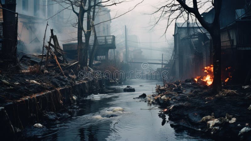 A River of Water Flowing through a City with Fire Burning, AI Stock ...
