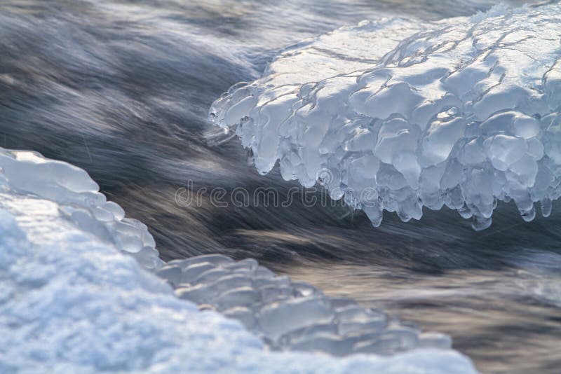 River Water Flows Rapidly between the Ice of a Bizarre Shape Stock ...