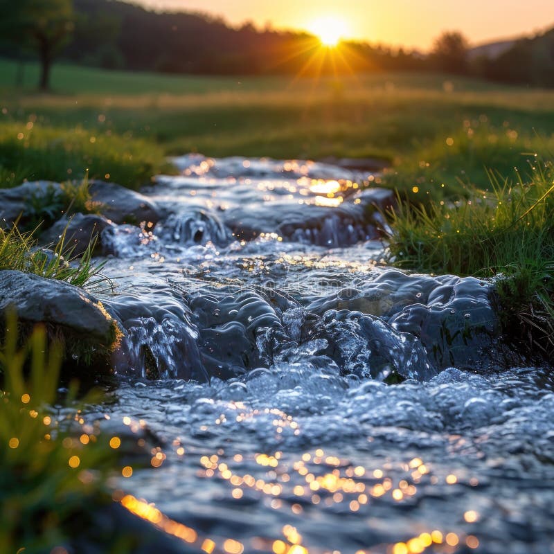Close-up of Sparkling Water in Spring, with Grass and Sunlight As. the ...