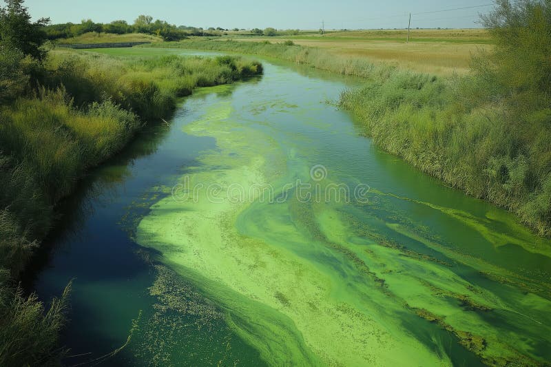 River Water Pollution with Green Algae Bloom Floating on Flowing Water ...