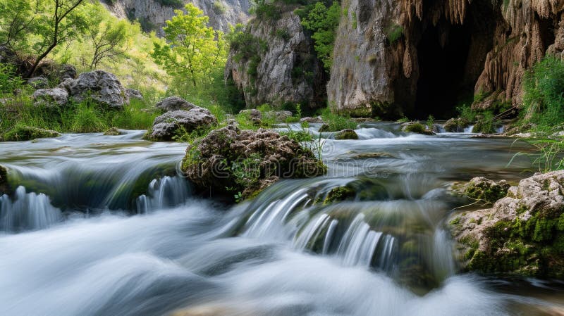 A River with a Waterfall and Rocks in the Background. the Water is ...