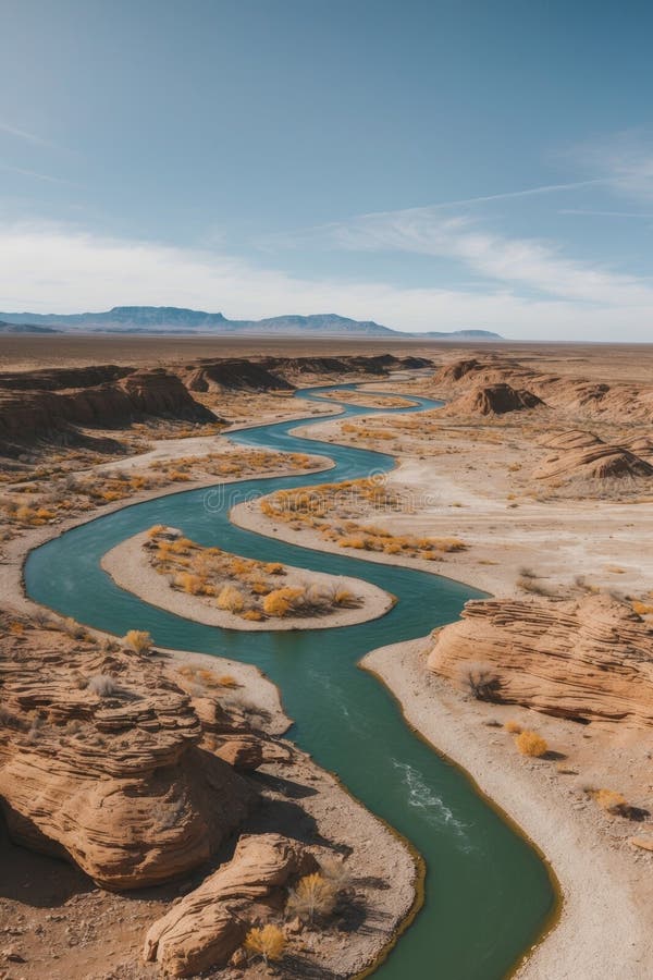 River Winding through Rocky Desert Valley Aerial View. Stock Photo ...