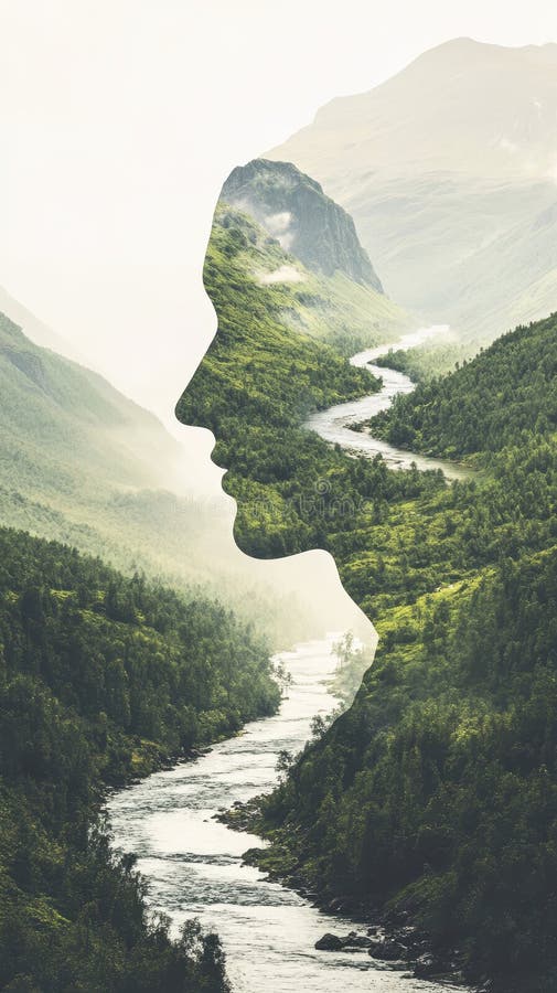 River Winding through a Silhouette of a Human Face Stock Image - Image ...