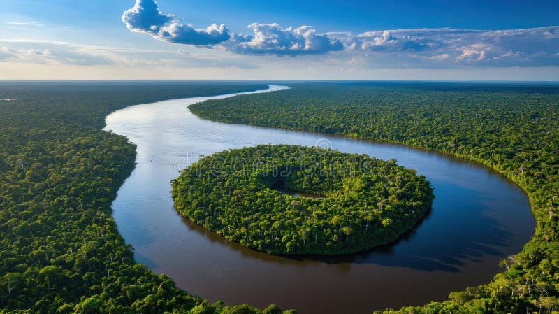 River Winds through Dense Forest Canopy with Green Landscape View ...