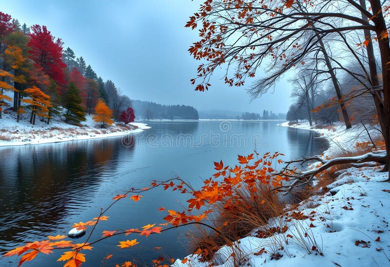 A River in the Winter with the First Fall of Snow Stock Illustration ...