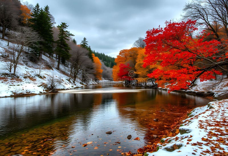 A River in the Winter with the First Fall of Snow Stock Illustration ...