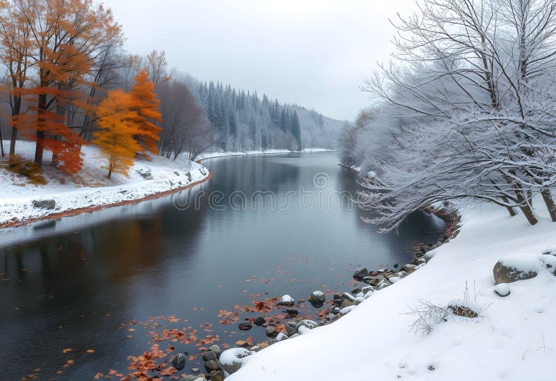A River in the Winter with the First Fall of Snow Stock Illustration ...