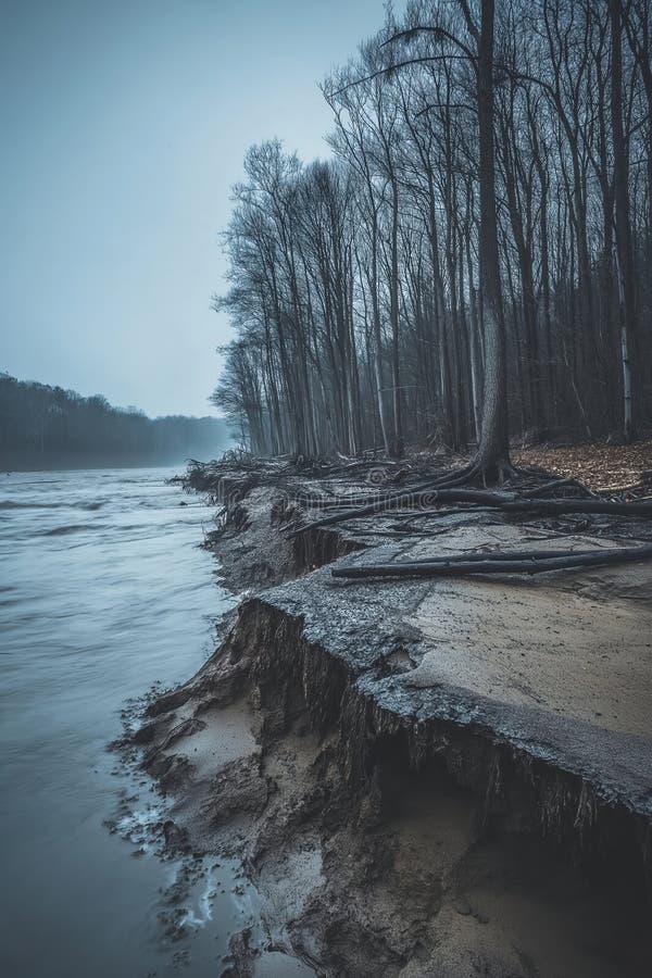 Riverbank Eroding with Exposed Tree Roots after Flood Stock ...