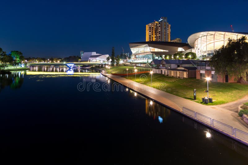 Riverbank of the Torrens at Night Stock Image - Image of footbridge ...