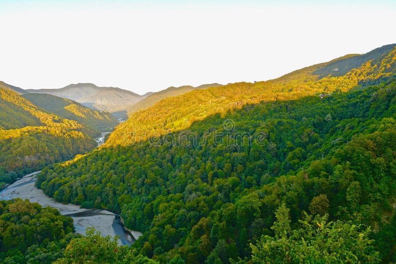 Riverbed between Forested Mountain Ranges Stock Image - Image of crowns ...