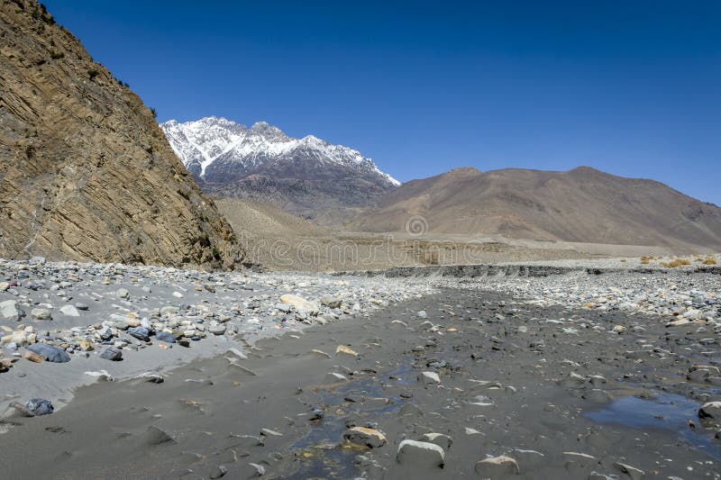 Empty Riverbed with Snow Mountain Stock Photo - Image of china, vast ...