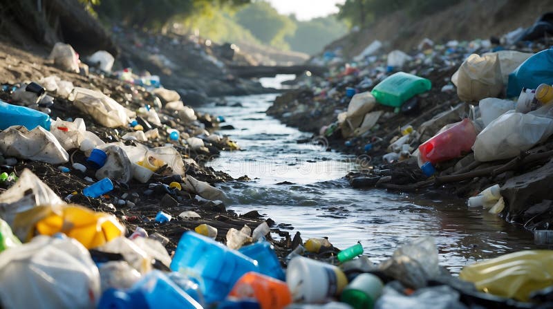Riverbed Littered with Plastic Waste Highlights Environmental Concerns ...