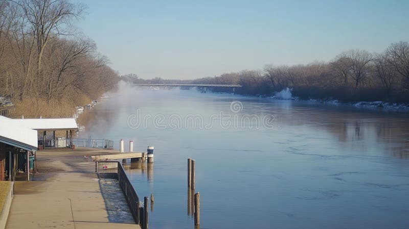 Riverboat Dock, Winter Mist, Bridge, Scenic View Stock Illustration ...