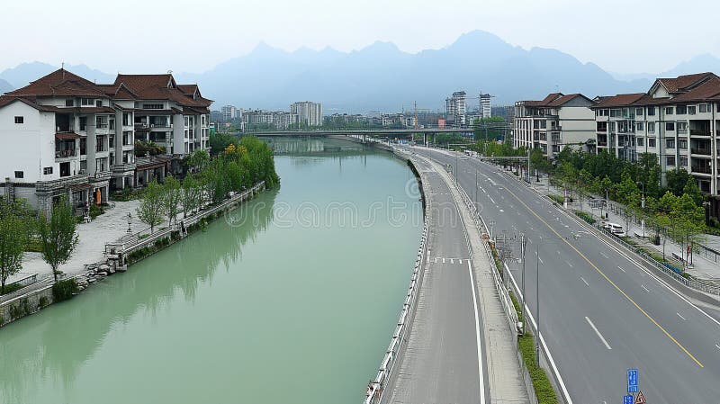 Riverfront Highway, Asian City, Mountain Backdrop, Empty Road Stock ...