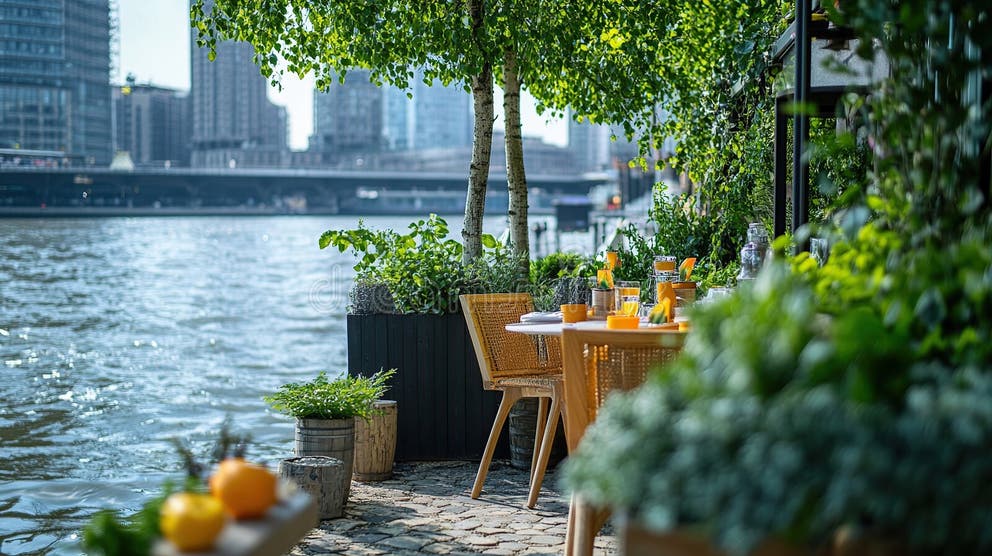 Riverfront Patio Dining with City View, Plants, and Drinks Stock Image ...