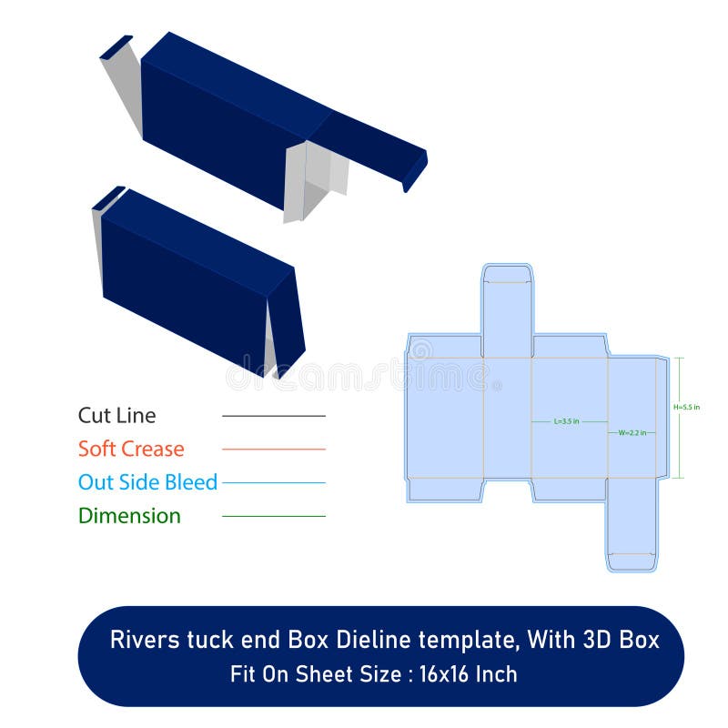 Rivers Tuck End Box Dieline Template, and 3D Box, Size 3.5x22x55 Inch ...