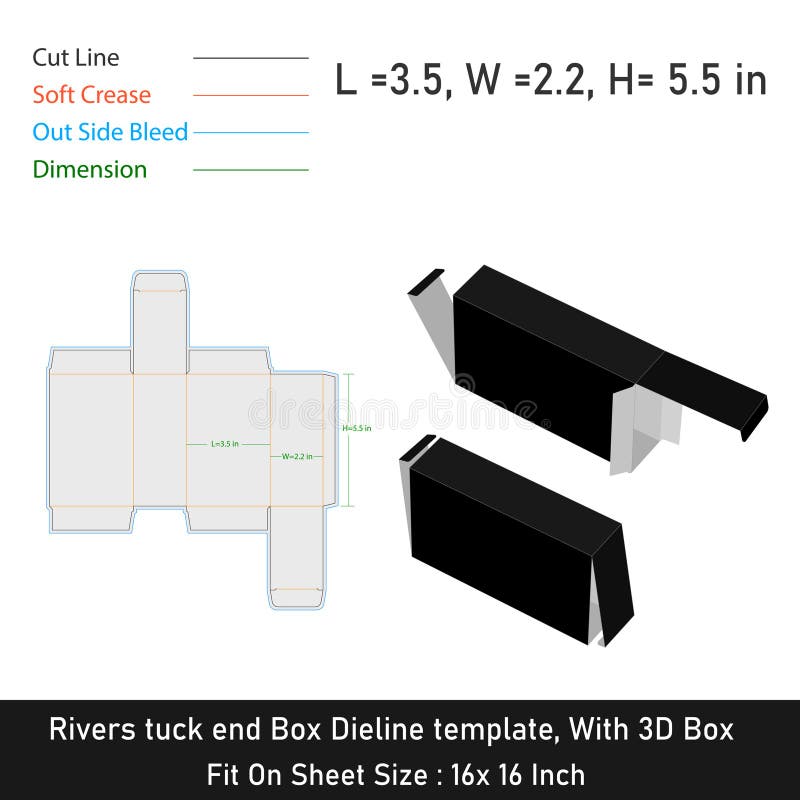 Rivers Tuck End Box Dieline Template, with 3D Box, Size 3.5x22x55 Inch ...