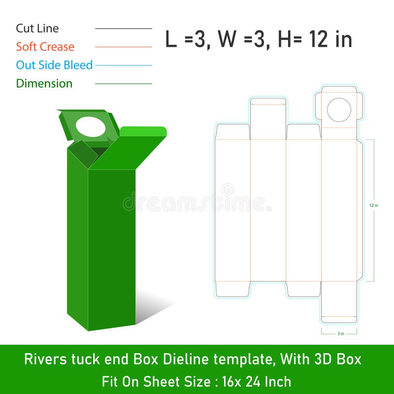 Rivers Tuck End Box Dieline Template, with 3D Box,Size 3x3x12 in ...