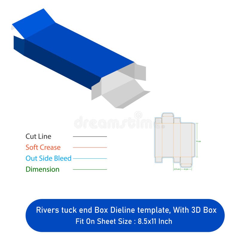 Rivers Tuck End Box Dieline Template, and 3D Box, Vector File Stock ...