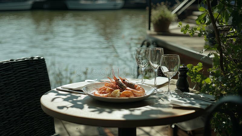 Riverside Caf Table with a Single White Plate of Gourmet Seafood. Stock ...
