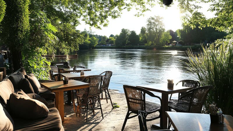 Riverside Cafe with Comfy Chairs and Tables Set Along the Water Edge ...