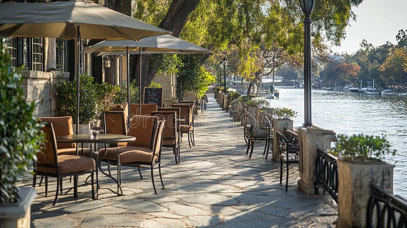 Riverside Cafe with Comfy Chairs and Tables Set Along the Water Edge ...