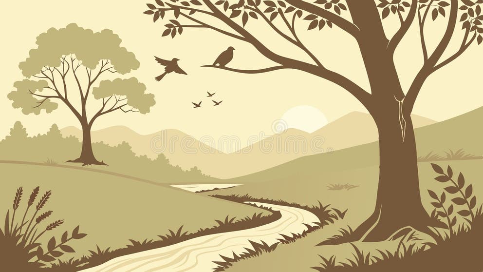 Riverside Harmony with Sprawling Tree and Birds, Vector Design Generative AI Stock Vector ...