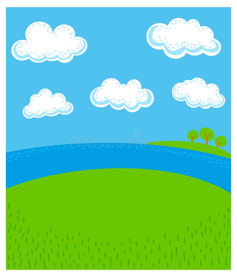 Riverside with Island, Trees and Clouds. Vector Background Cartoon ...