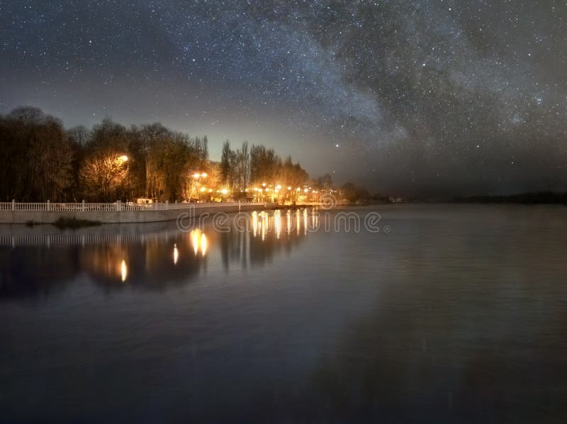 Riverside at night stock image. Image of reflection, leisure - 84824699