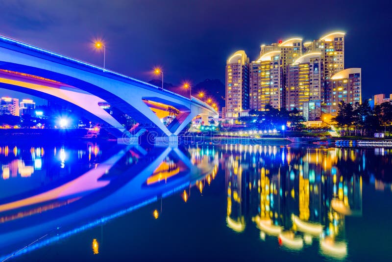 Riverside Night View of Bridge Stock Photo - Image of city, landmark ...