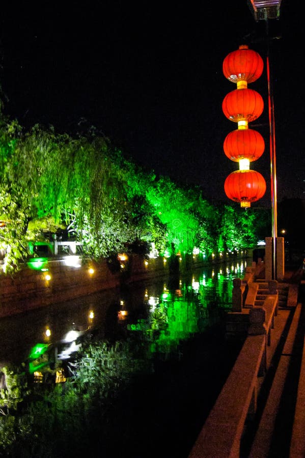 Riverside Nighttime Scene in Chinese City Stock Photo - Image of ...