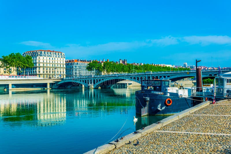 Riverside of Rhone River in Lyon, France Editorial Stock Photo - Image ...