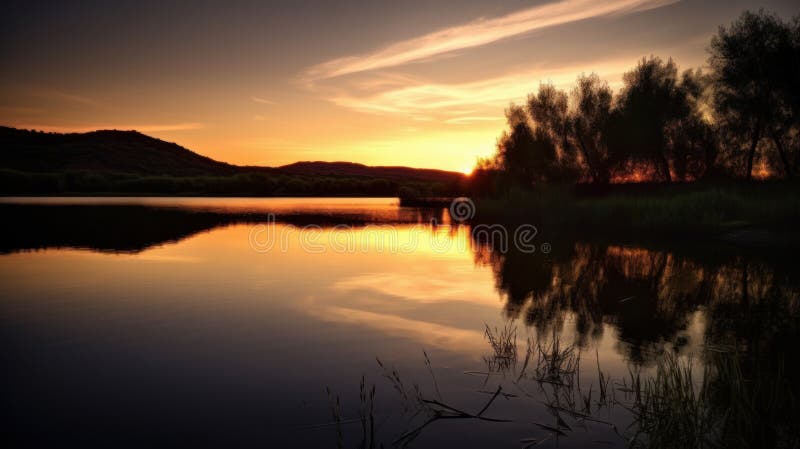 Riverside: Serene Lake and Stunning Sunset Stock Illustration ...