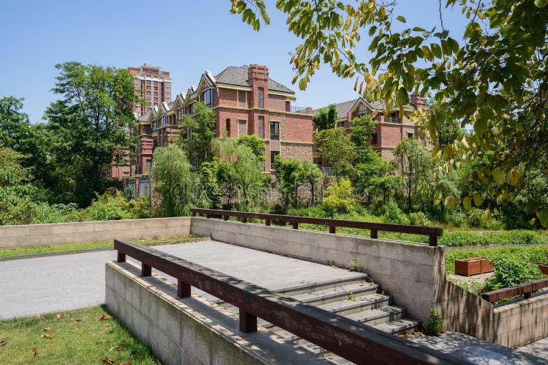Riverside Shaded Pavement and Steps in Sunny Summer Stock Photo - Image ...