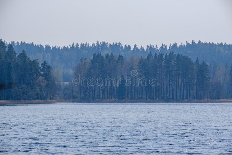 Riverside Shore in Spring with Scenic Trees and Green Pastures Stock ...