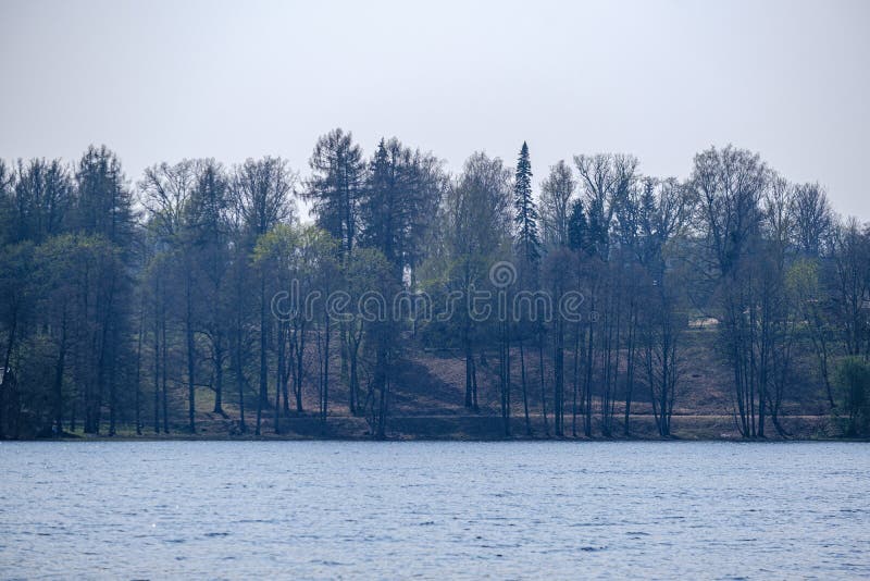 Riverside Shore in Spring with Scenic Trees and Green Pastures Stock ...