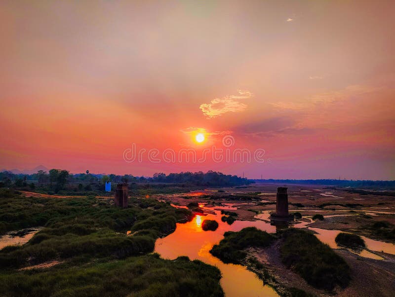 Riverside Sunset View from Countryside India Stock Image - Image of ...
