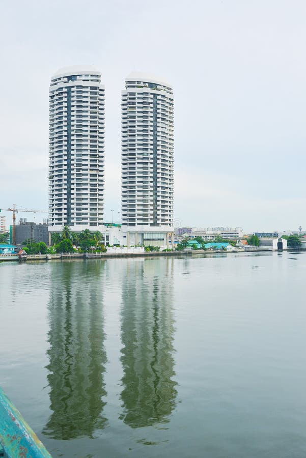 Riverside twin building stock image. Image of boat, ship - 67258855