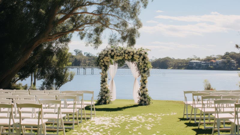 Riverside Wedding with a Serene Water Backdrop Stock Illustration ...