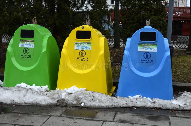 Colorful Plastic Bins for Different Waste Types Editorial Stock Image ...