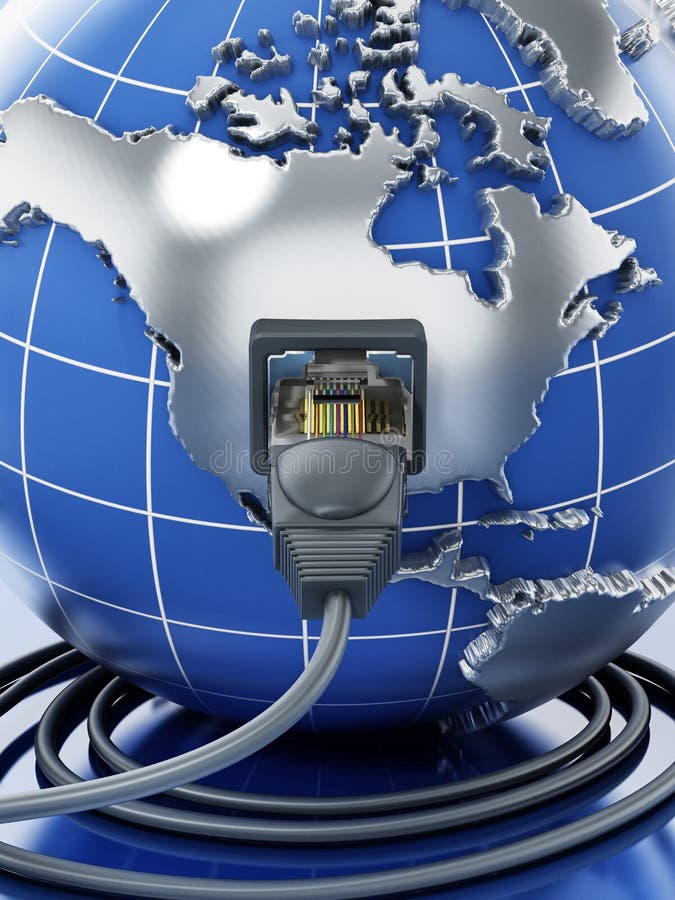 Rj45 Plug Connected To Blue Globe with World Map. 3D Illustration Stock ...