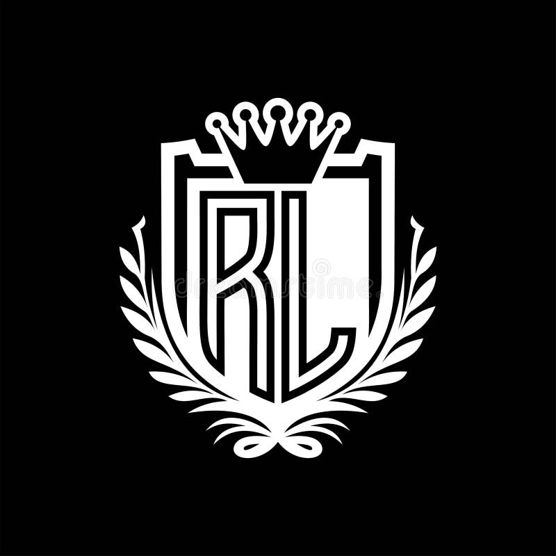 RL Letter Logo Heraldic Shield Shape with Crown on Black Background ...