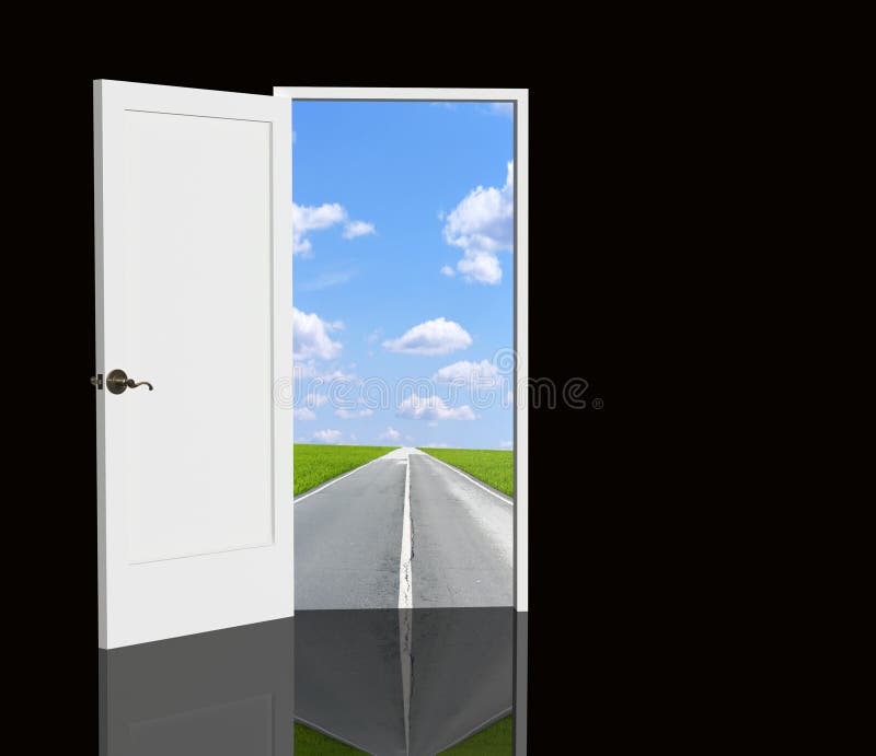 Open Door on Long Empty Asphalt Road Towards Sun. Stock Photo - Image ...
